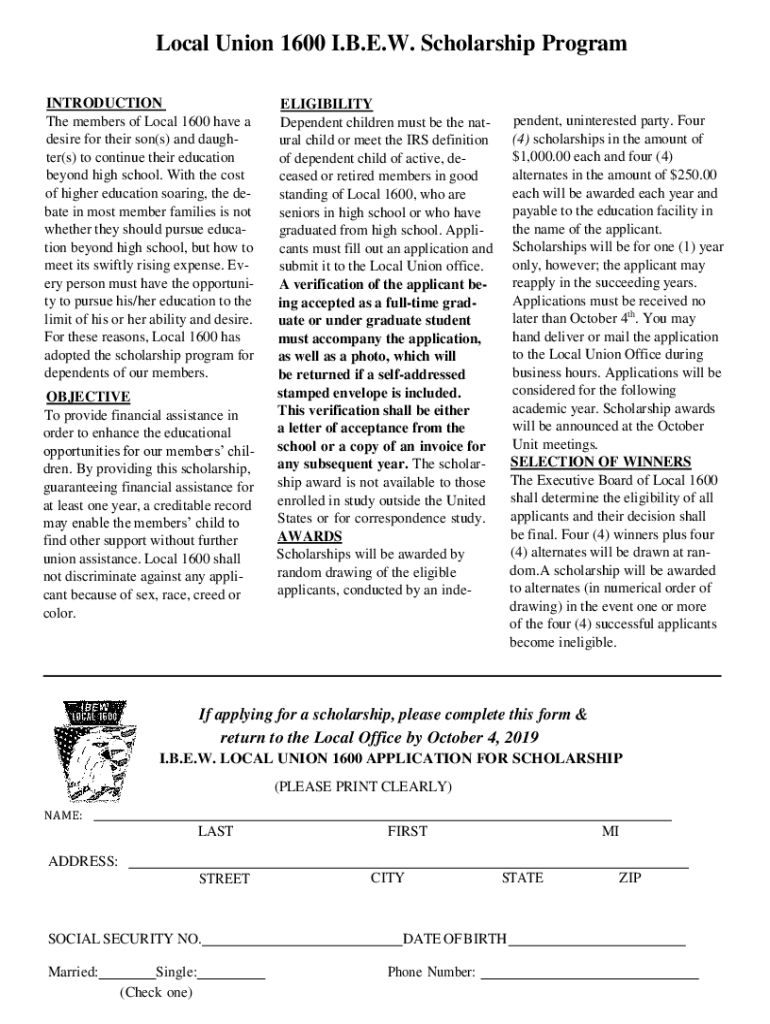 Fillable Online Local Union 1600 I.B.E.W. Scholarship Program Fax Email ...