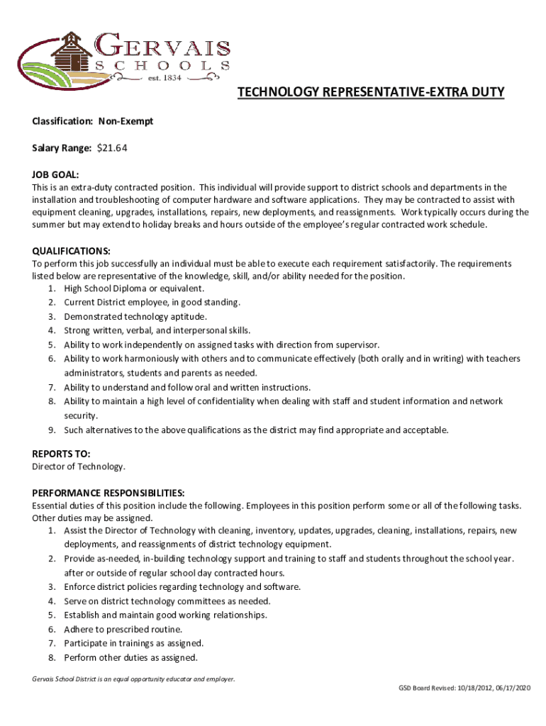 Fillable Online TECHNOLOGY REPRESENTATIVE-EXTRA DUTY Fax Email Print ...