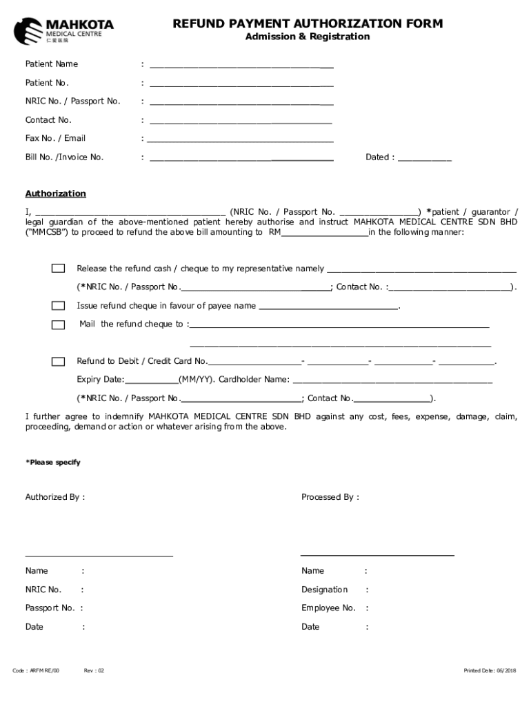 Fillable Online Refund Authorization Form Template Fax Email Print ...