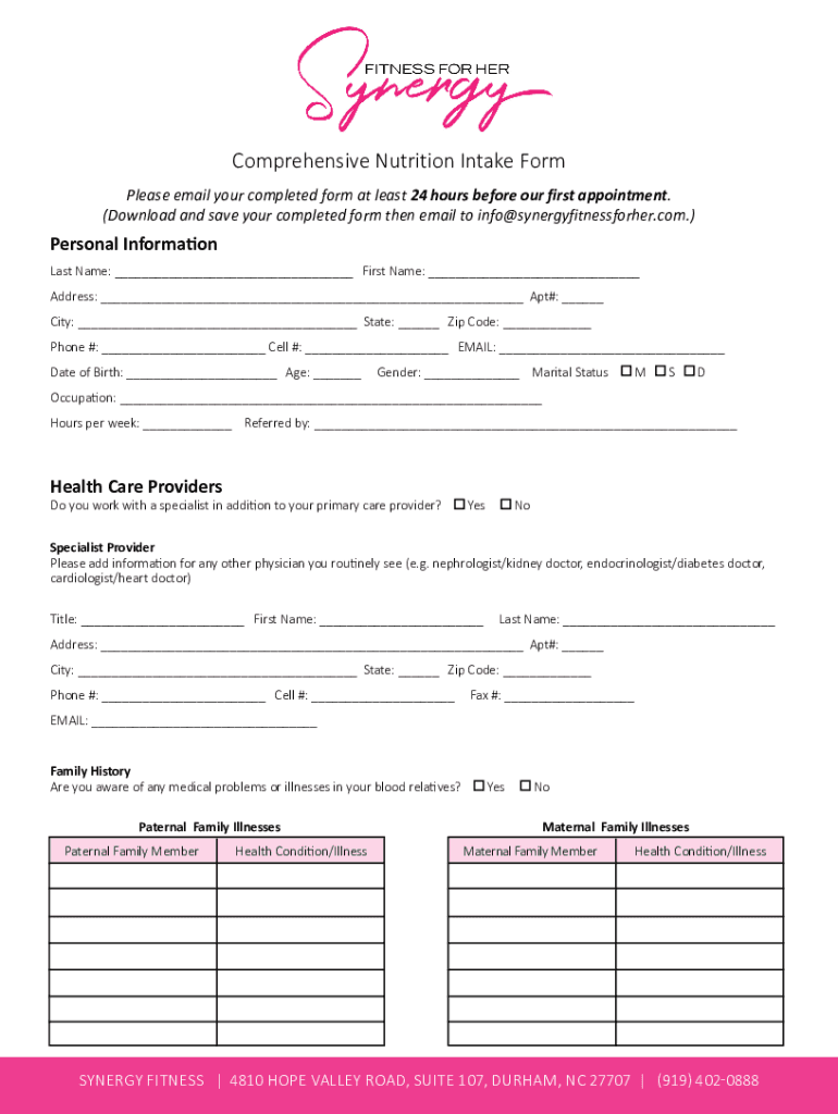 Fillable Online Nutrition Intake Form - Fill Online, Printable ...
