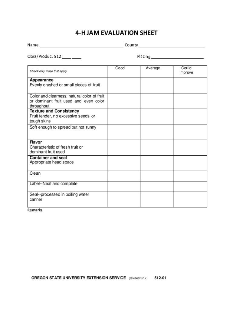 Fillable Online extension oregonstate 4-H JAM EVALUATION SHEET - OSU Extension Service Fax Email ...