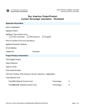 Fillable Online FAA form 5100-136, Buy American Content Percentage ...