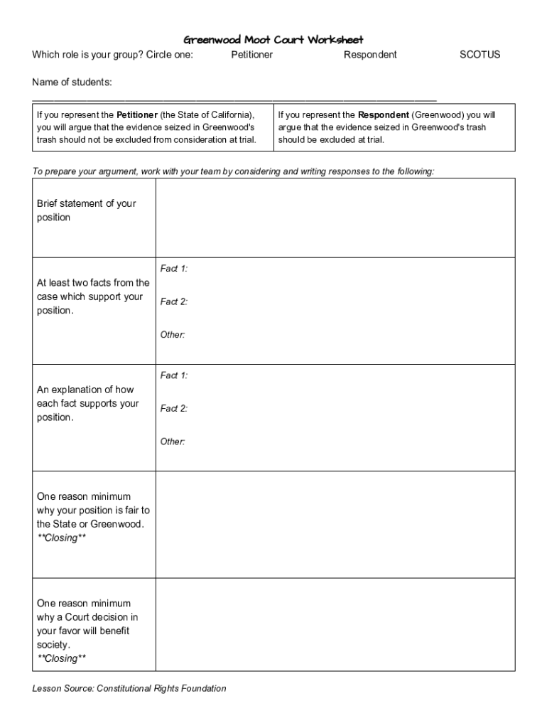 Fillable Online Greenwood Moot Court Worksheet Fax Email Print - pdfFiller