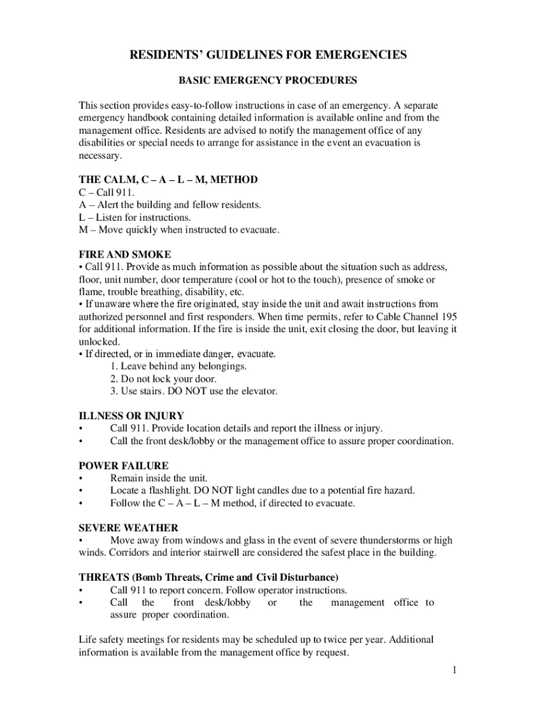 Fillable Online Resident Life Safety Plan and Emergency Procedures Fax ...