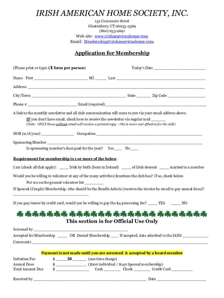Fillable Online Irish American Home Society - Membership Information ...