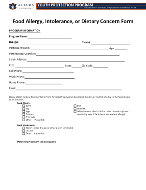 Fillable Online Food Allergy, Intolerance, or Dietary Concern Form Fax ...