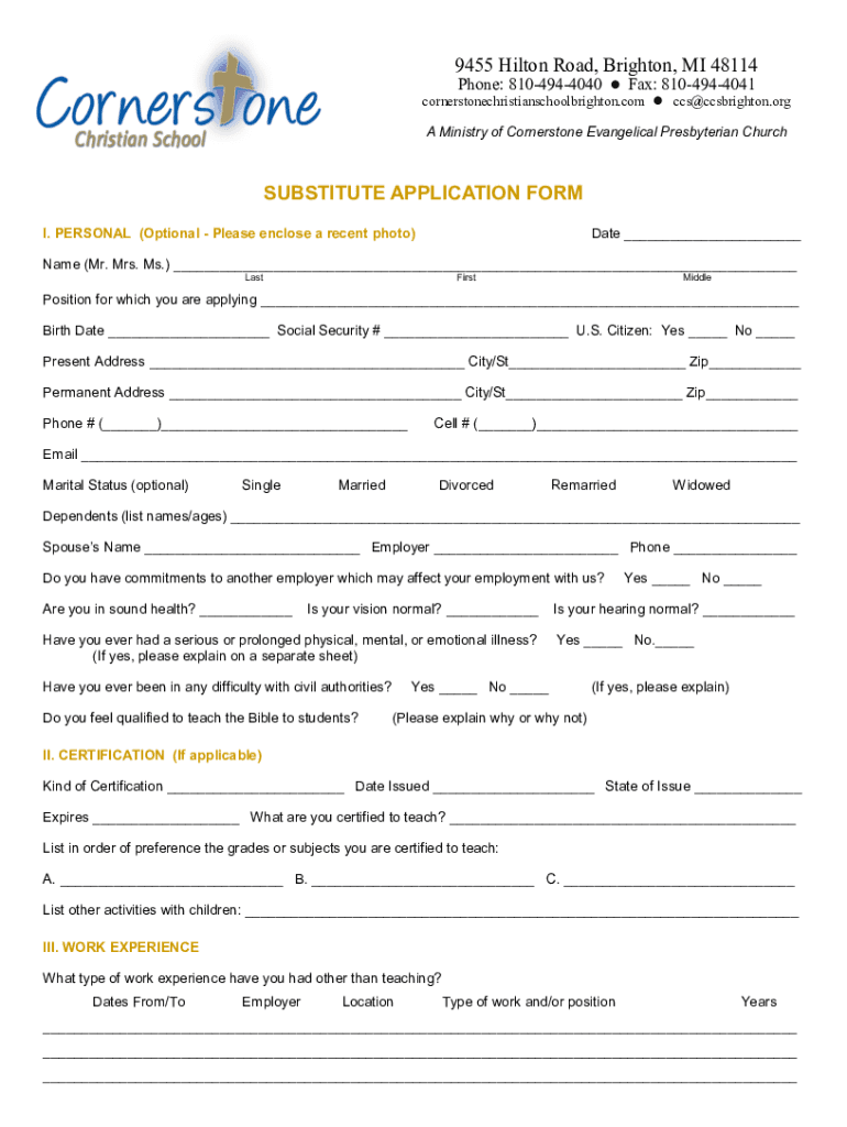 Fillable Online Teacher Application Form - Cornerstone Christian School ...