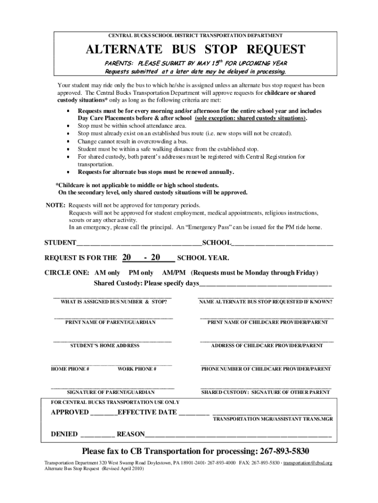Fillable Online Transportation / Alternate Bus Stop Requests Fax Email ...