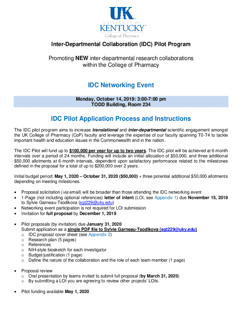 Fillable Online pharmacy uky IDC Networking Event IDC Pilot Application ...