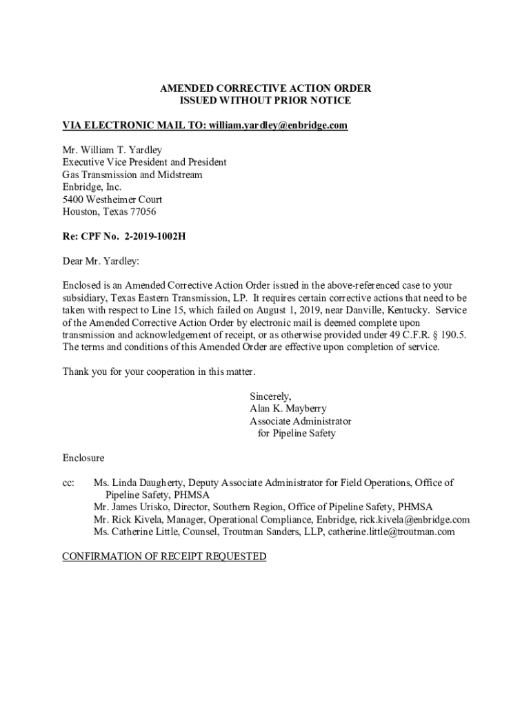 Fillable Online primis phmsa dot Amended Corrective Action Order Fax Email Print - pdfFiller