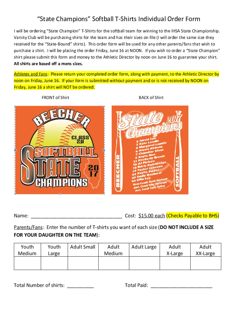 Fillable Online State Champions Softball T-Shirts Individual Order Form ...