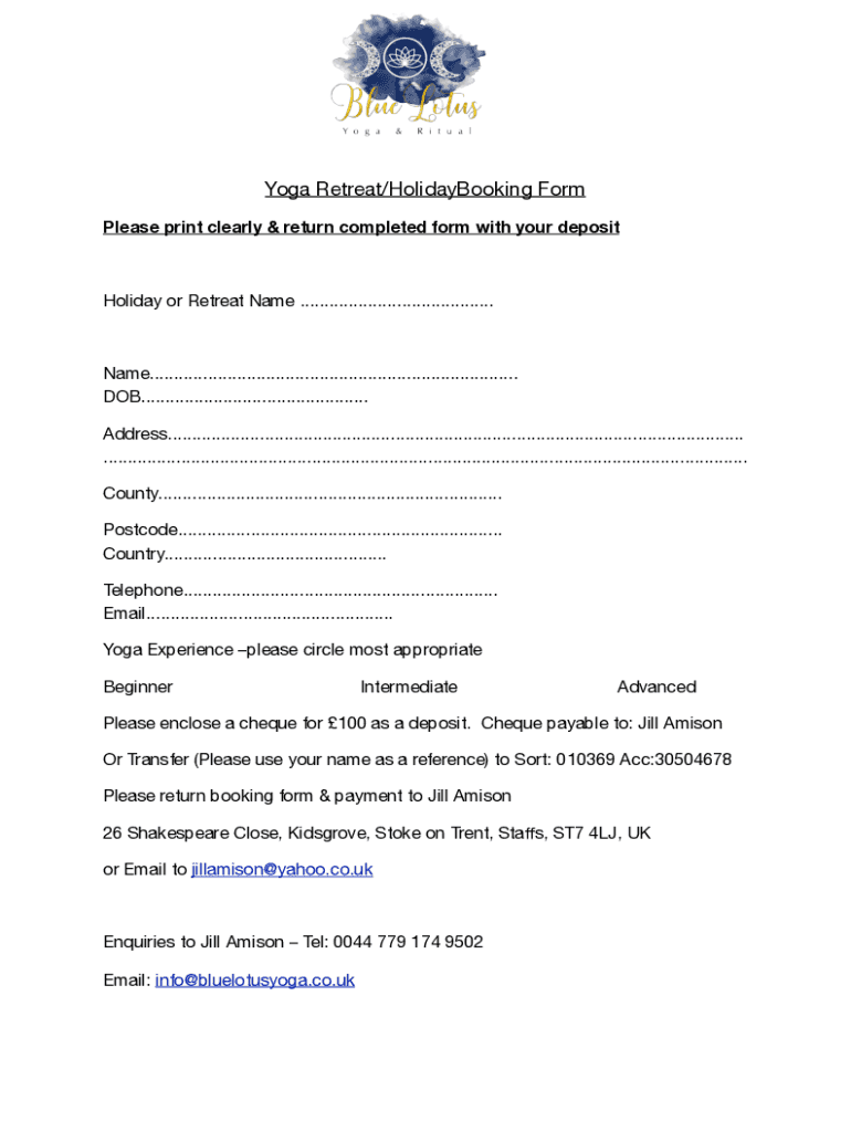 Fillable Online Yoga Retreat/HolidayBooking Form Fax Email Print ...