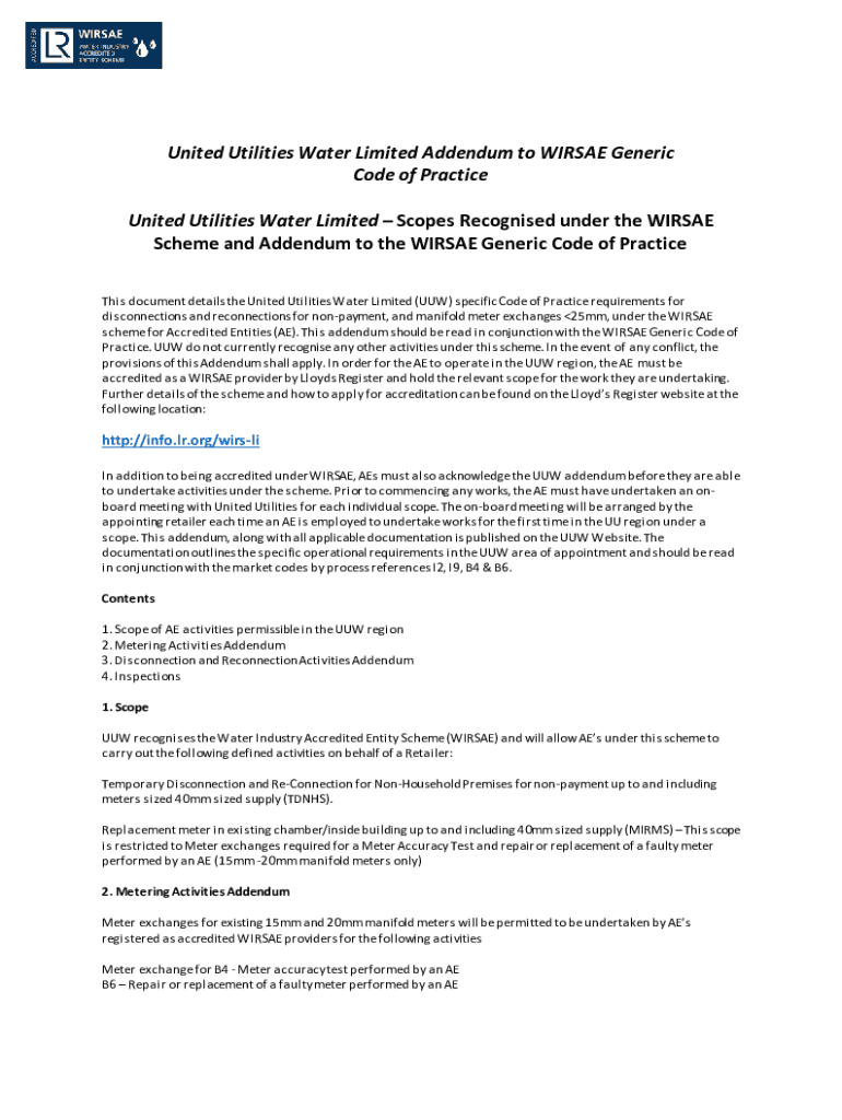 Fillable Online United Utilities Water Limited Addendum to WIRSAE ...