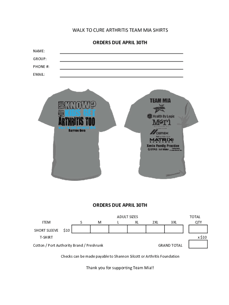 Fillable Online Team Mia Shirt Order Form.xlsx Fax Email Print - pdfFiller