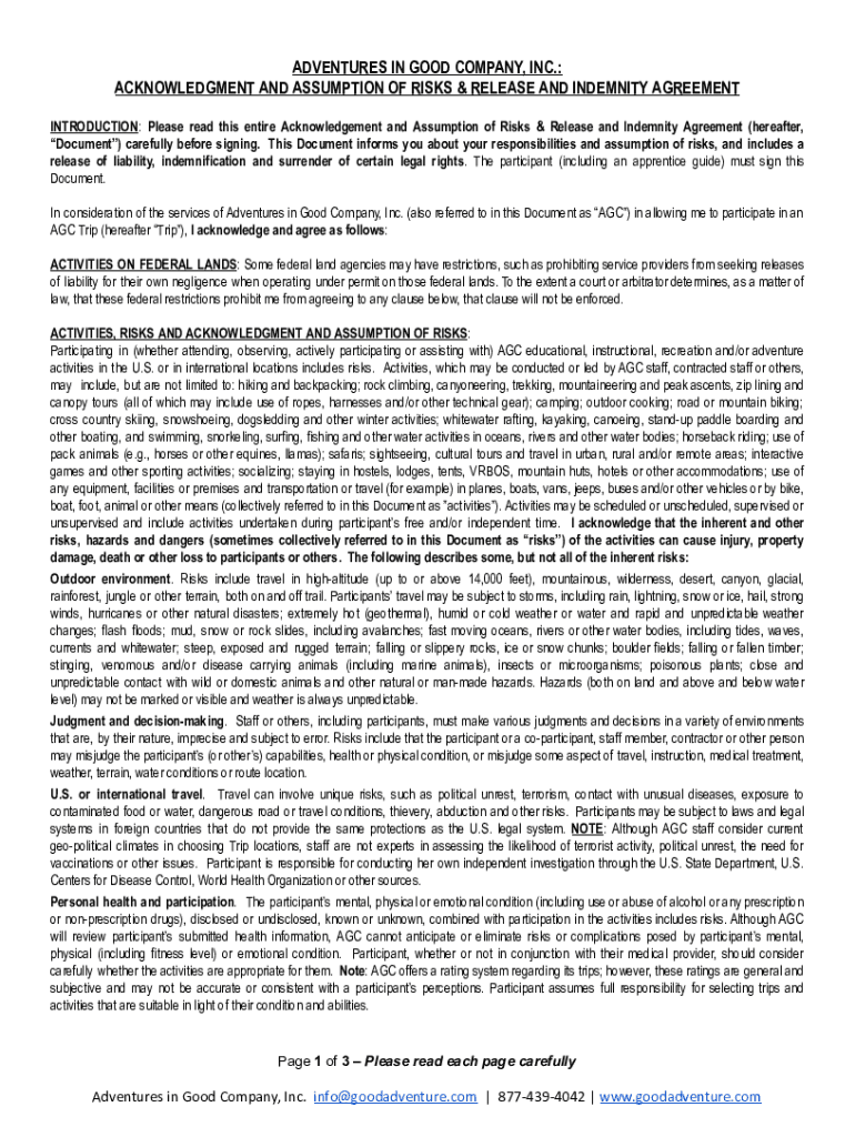 Fillable Online Acknowledgment/Assumption of Risk and General Release ...