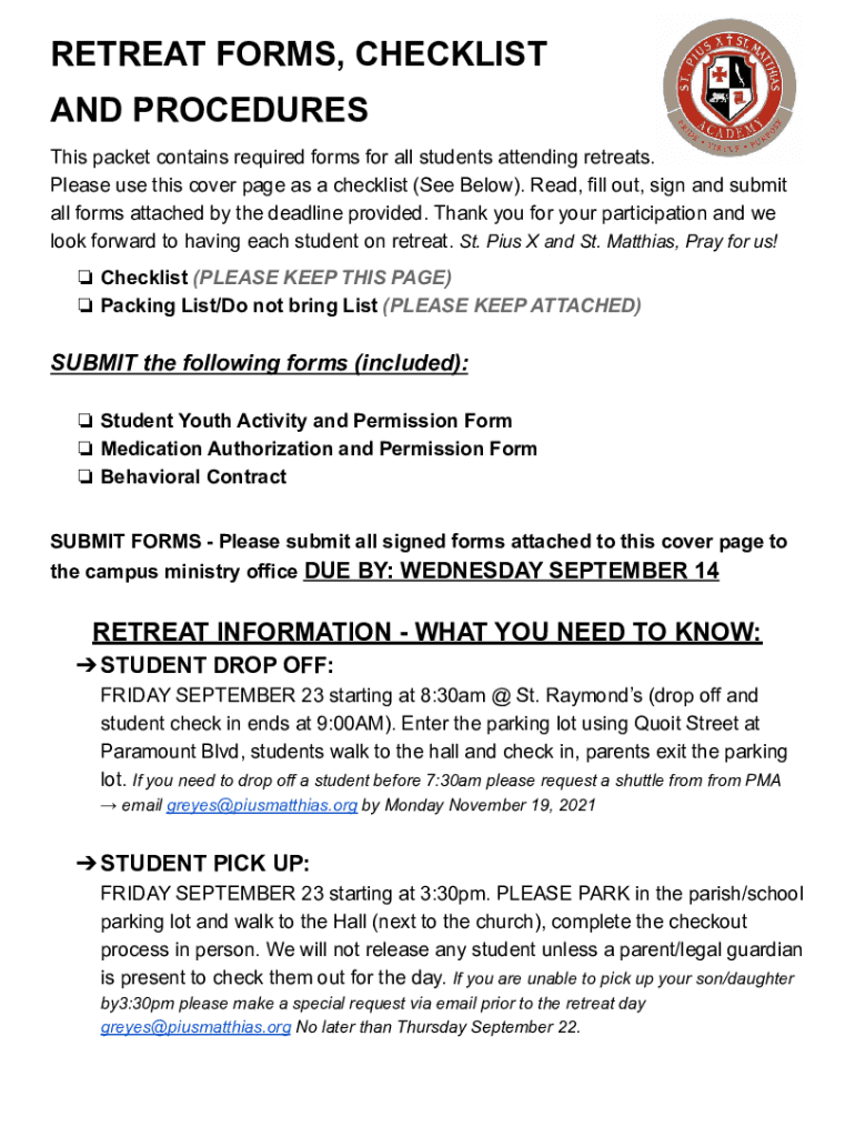 Fillable Online Retreat Forms Checklist and Procedures Fax Email Print ...