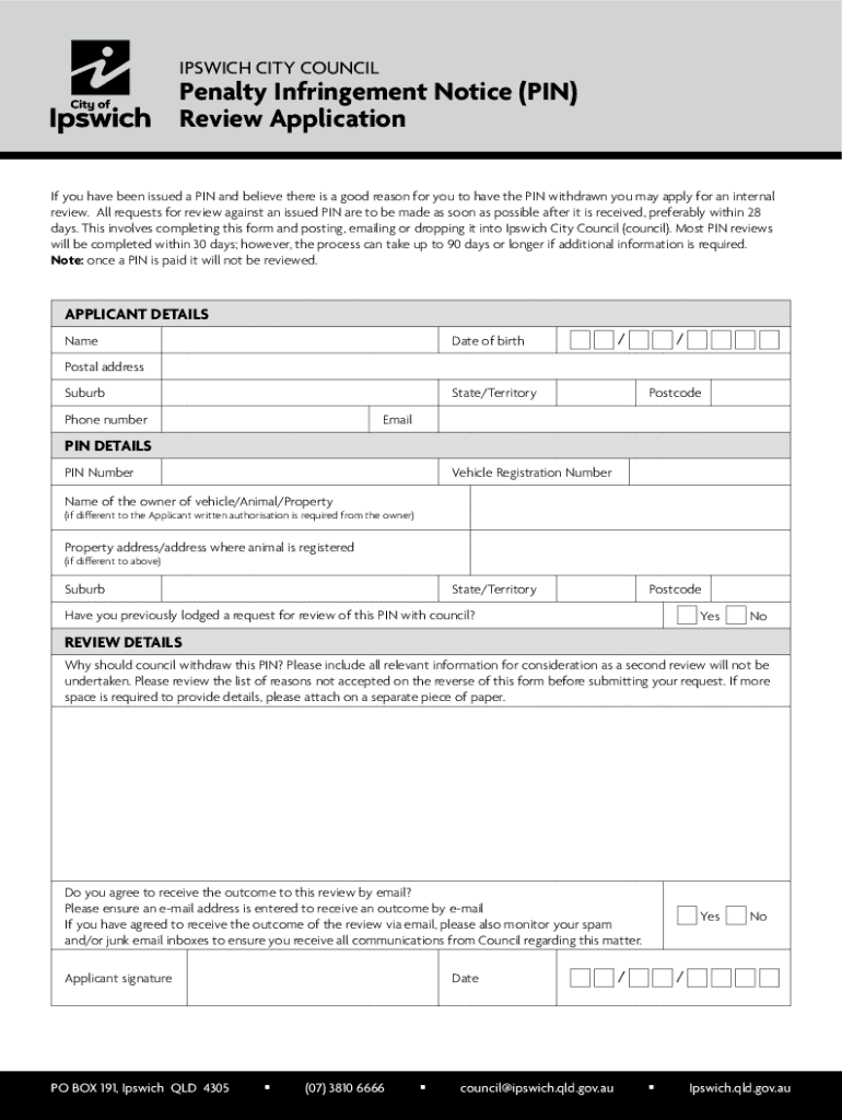 Fillable Online Penalty Infringement Notice (PIN) Review Application ...