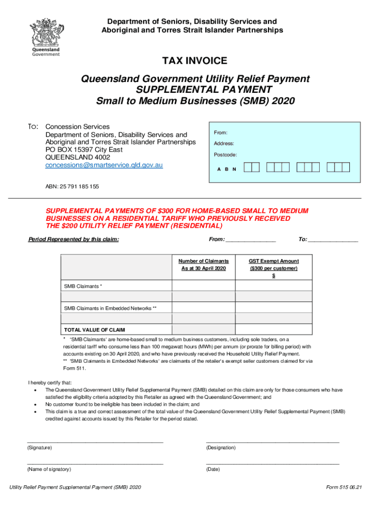 Fillable Online Form 515 Tax Invoice Queensland Government Utility Relief Payment Supplemental ...