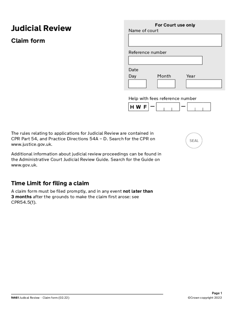 Fillable Online N461 Judical Review - Claim form (02.22). N461 Judical ...