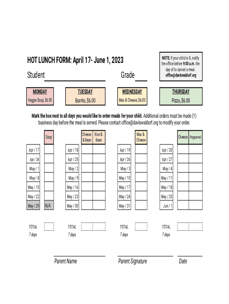 Fillable Online Hot Lunch Order Forms 22-23 Fax Email Print - pdfFiller
