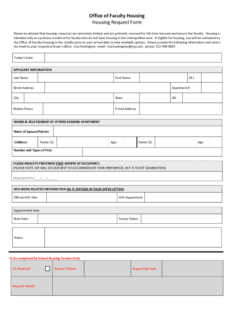Fillable Online as nyu Office of Faculty Housing Housing Request Form ...