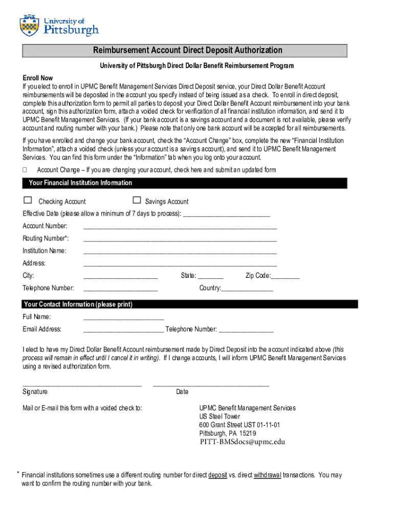 Fillable Online Reimbursement Account Direct Deposit Authorization - Pitt HR Fax Email Print ...