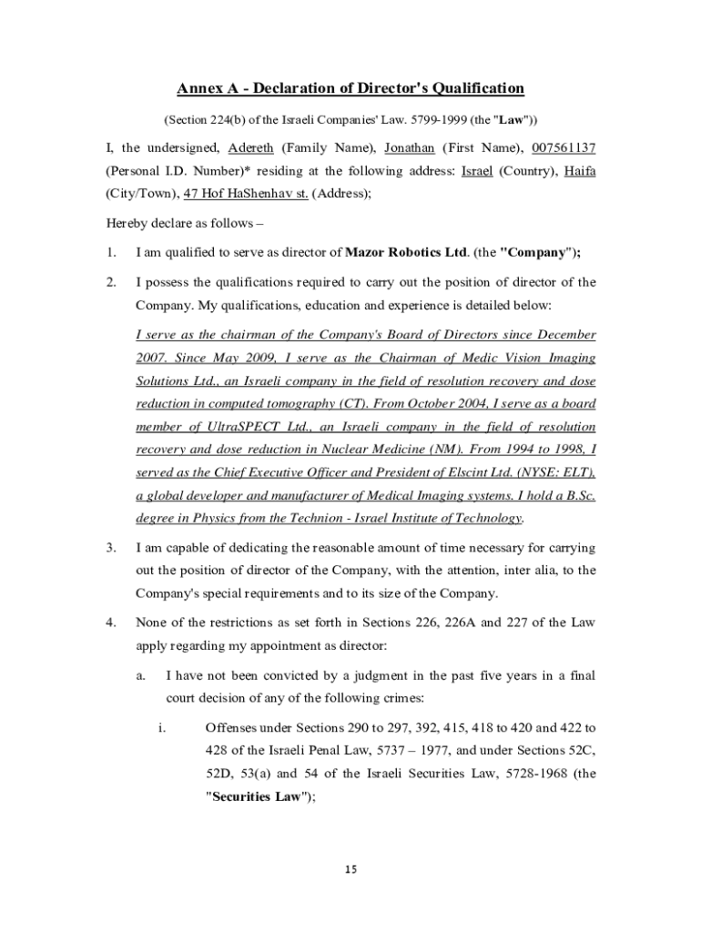 Fillable Online mayafiles tase co Annex A - Declaration of Director's ...