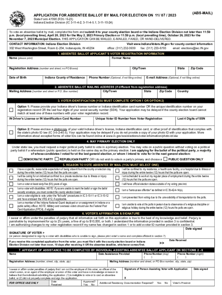 Fillable Online APPLICATION FOR ABSENTEE BALLOT BY MAIL FOR ELECTION ON ...