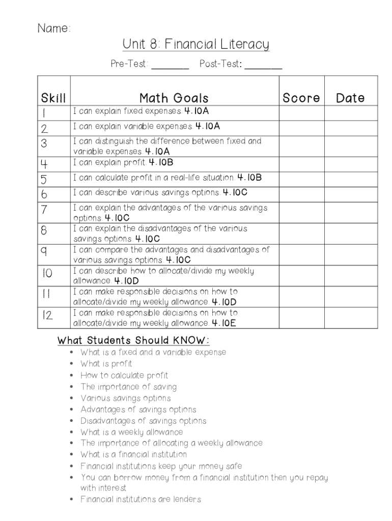 Fillable Online Unit 8: Financial Literacy Fax Email Print - pdfFiller