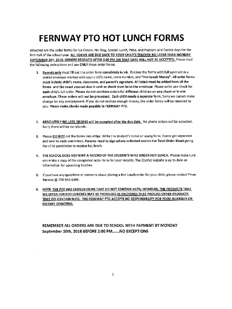 Fillable Online FERNWAY PTO HOT LUNCH FORMS Fax Email Print - pdfFiller