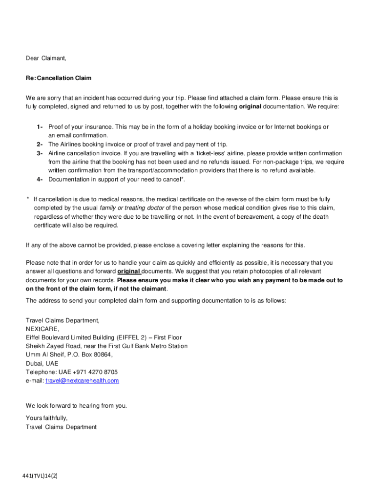 Fillable Online Dear Claimant, Re: Cancellation Claim We are sorry that ...