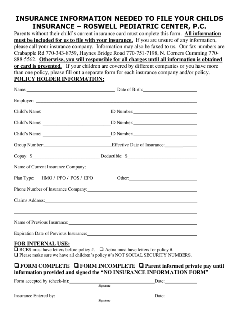 Fillable Online Patient Forms - Roswell Pediatric Center, P.C. ... Fax ...