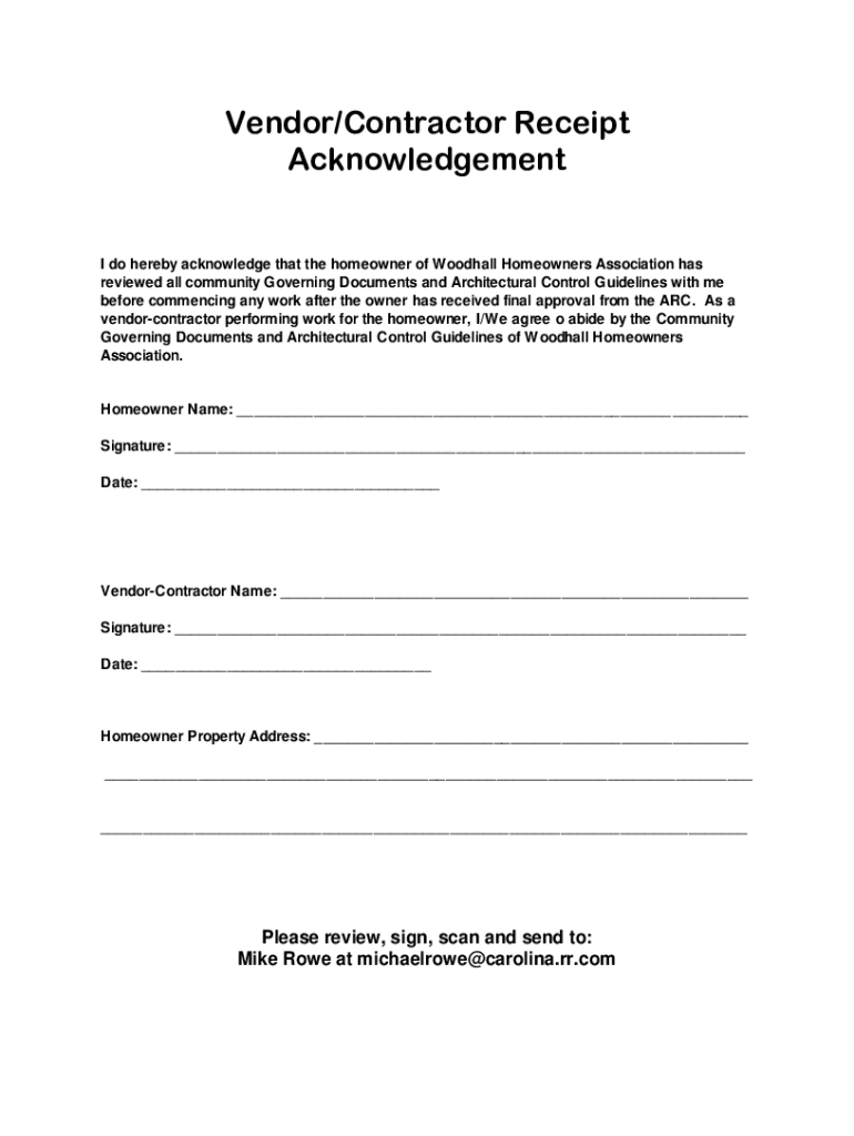 Fillable Online Vendor/Contractor Receipt Acknowledgement - WoodHall ...