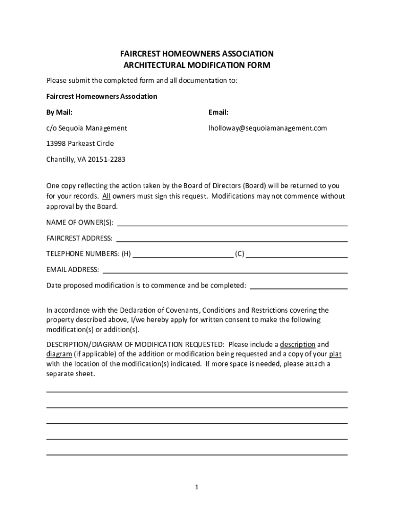 Fillable Online Architectural Modification Form - Faircrest. ... Fax ...