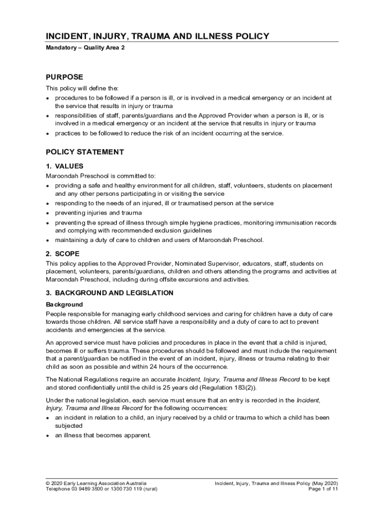 Fillable Online INCIDENT, INJURY, TRAUMA AND ILLNESS POLICY Fax Email ...