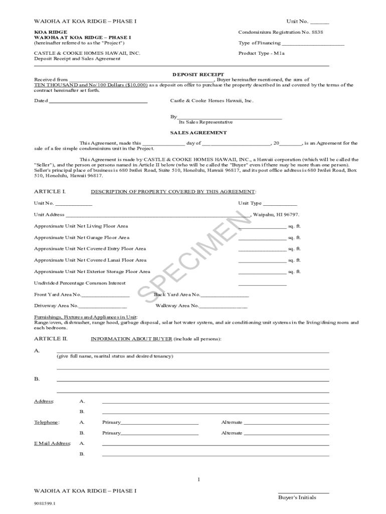Fillable Online 90815991Koa Ridge - M1a - Waioha - Phase I - Deposit ...