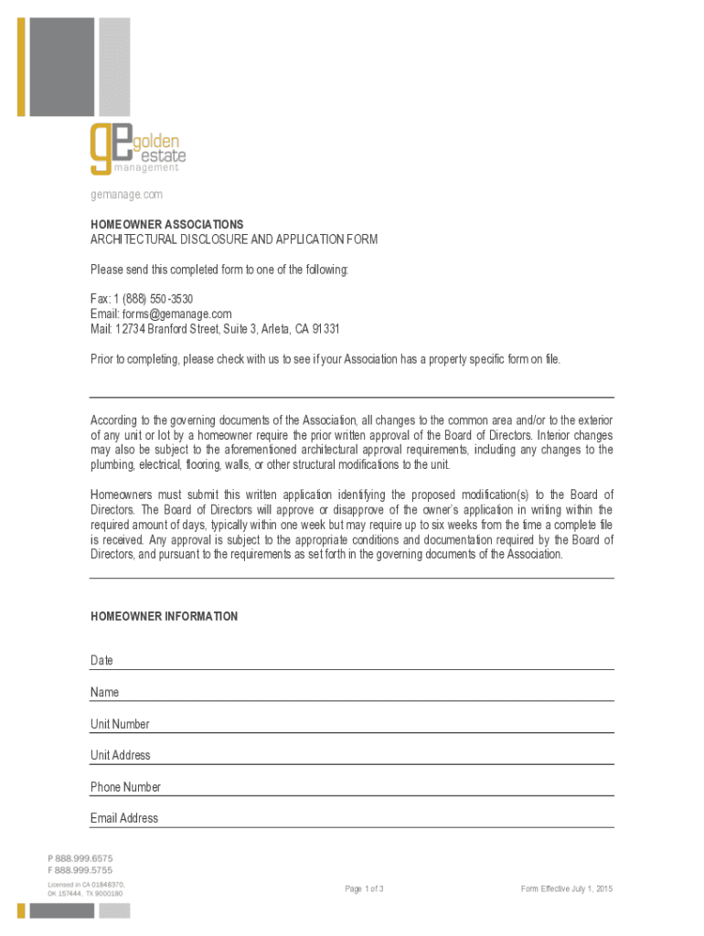 Fillable Online homeowner associations architectural disclosure and ...