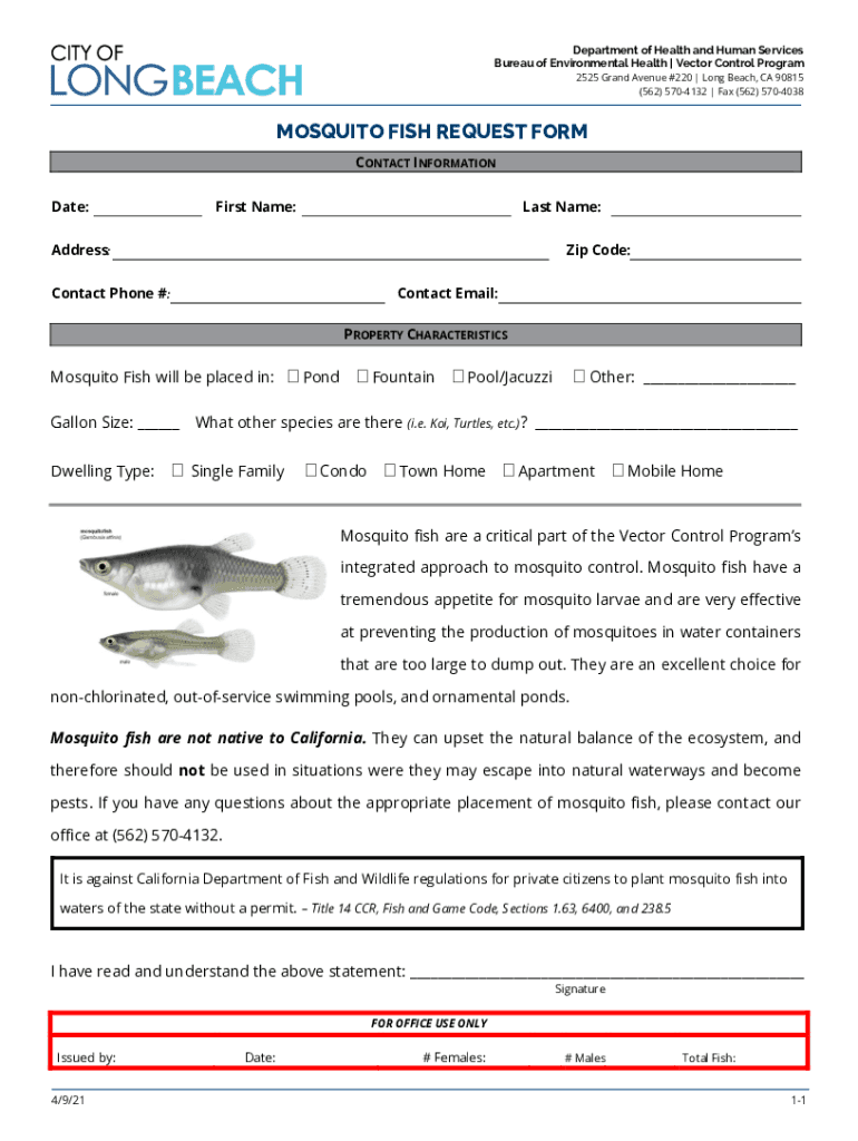 Fillable Online MOSQUITO FISH REQUEST FORM Fax Email Print - pdfFiller