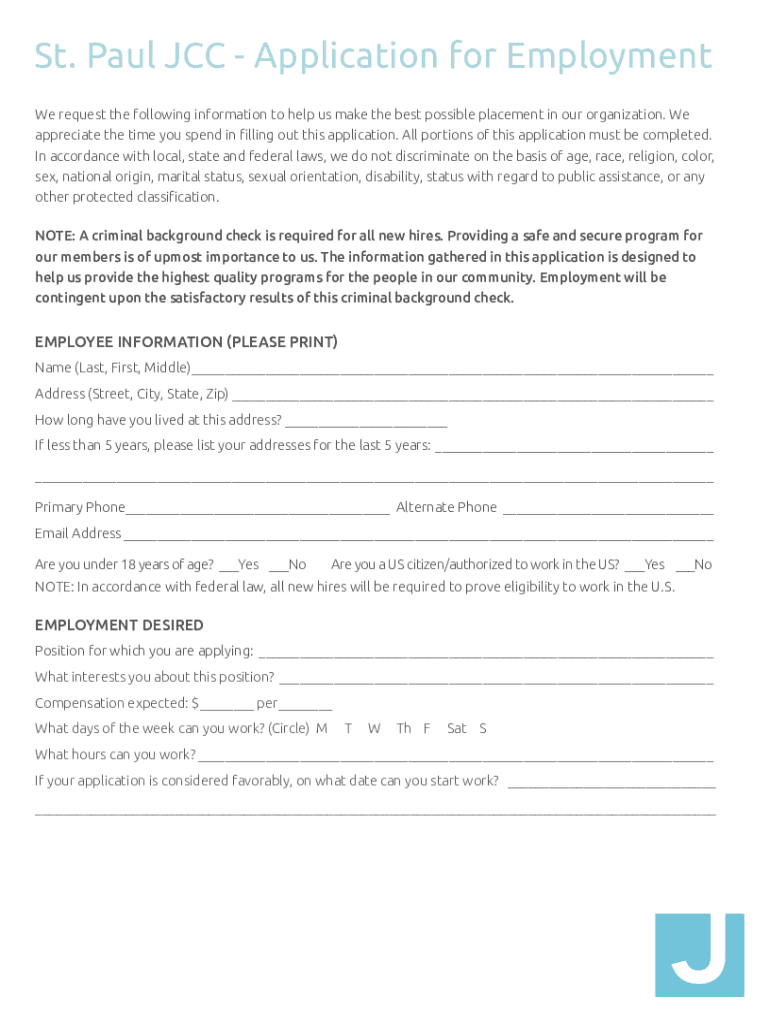 Fillable Online St. Paul JCC - Application for Employment Fax Email ...