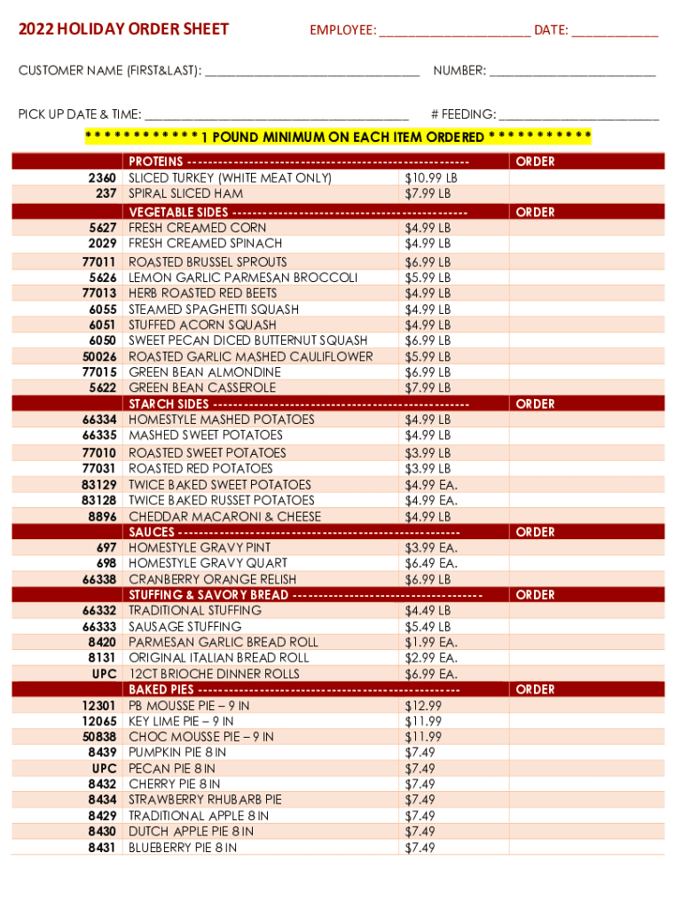 Fillable Online 2022 HOLIDAY ORDER SHEET Fax Email Print - pdfFiller