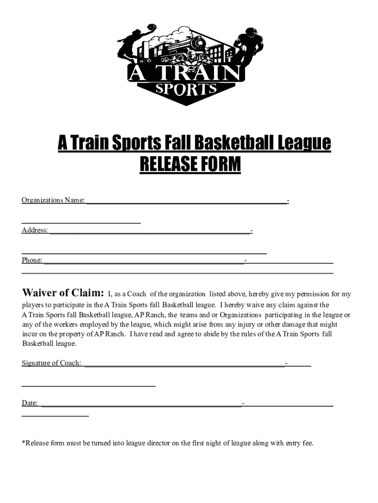 Fillable Online A Train Sports Fall League RELEASE WAIVER Fax Email ...