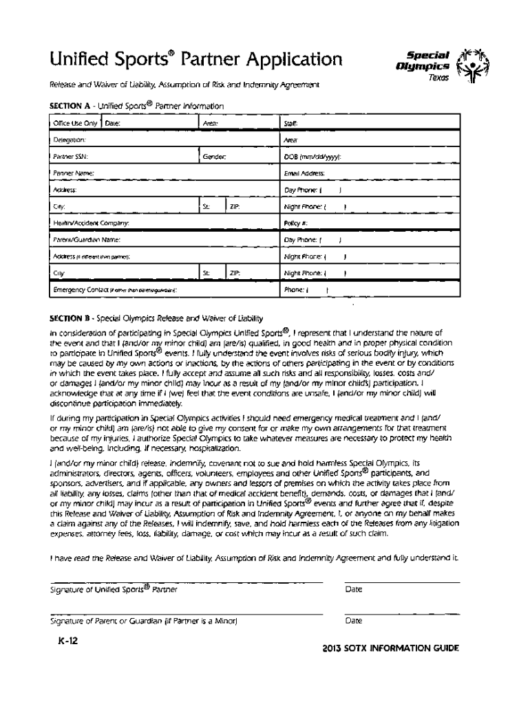 Fillable Online Unified Sports Partner Application Fax Email Print ...