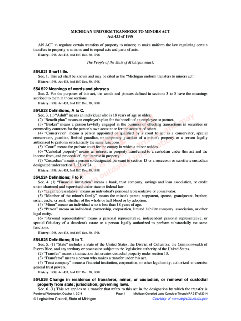 Fillable Online legislature mi The Uniform Transfers to Minors ActNew ...