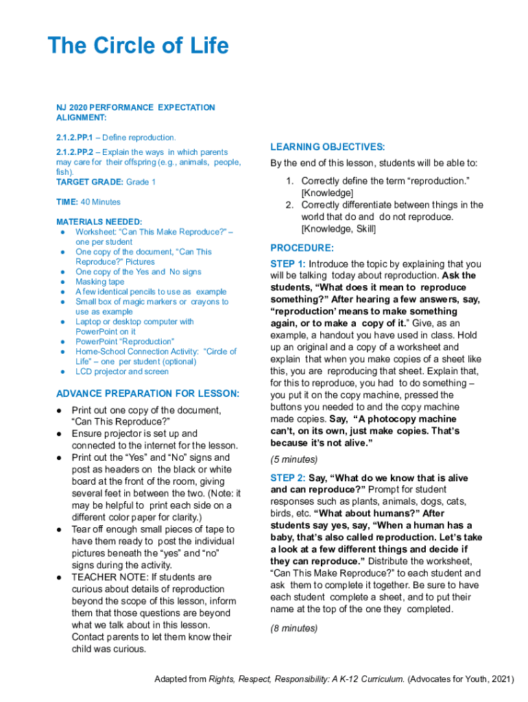 Fillable Online Gr 1 Lesson: The Circle of Life - BOE Approved Fax ...