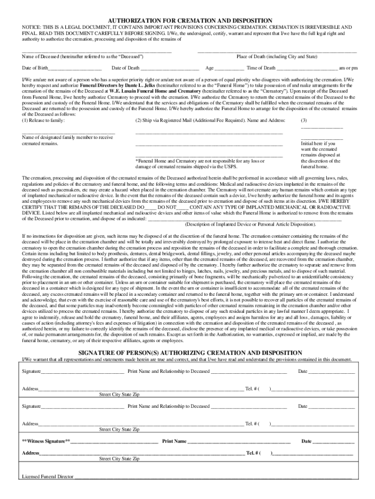 Fillable Online Authorization for Cremation And Disposition Fax Email ...