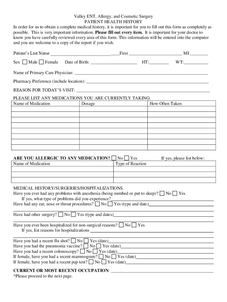 Fillable Online PATIENT HEALTH HISTORY - Valley ENT and Allergy Fax ...