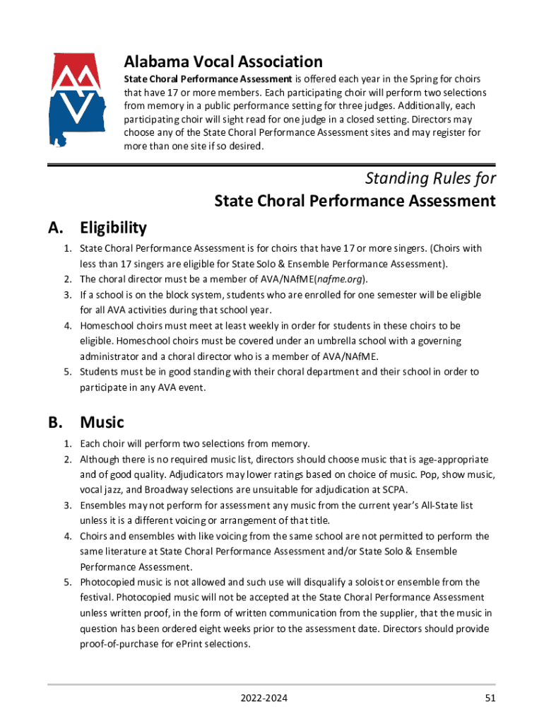 Fillable Online Standing Rules for State Choral Performance Assessment ...