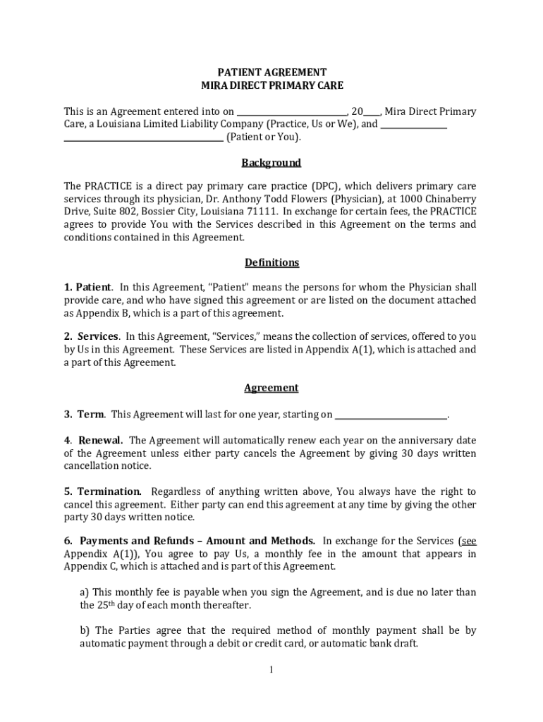 Fillable Online PATIENT AGREEMENT MIRADIRECT PRIMARYCARE This is ...