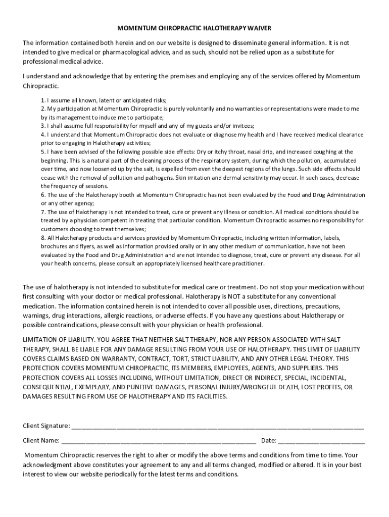 Fillable Online Halotherapy Waiver - Life's Force Wellness Center Fax ...