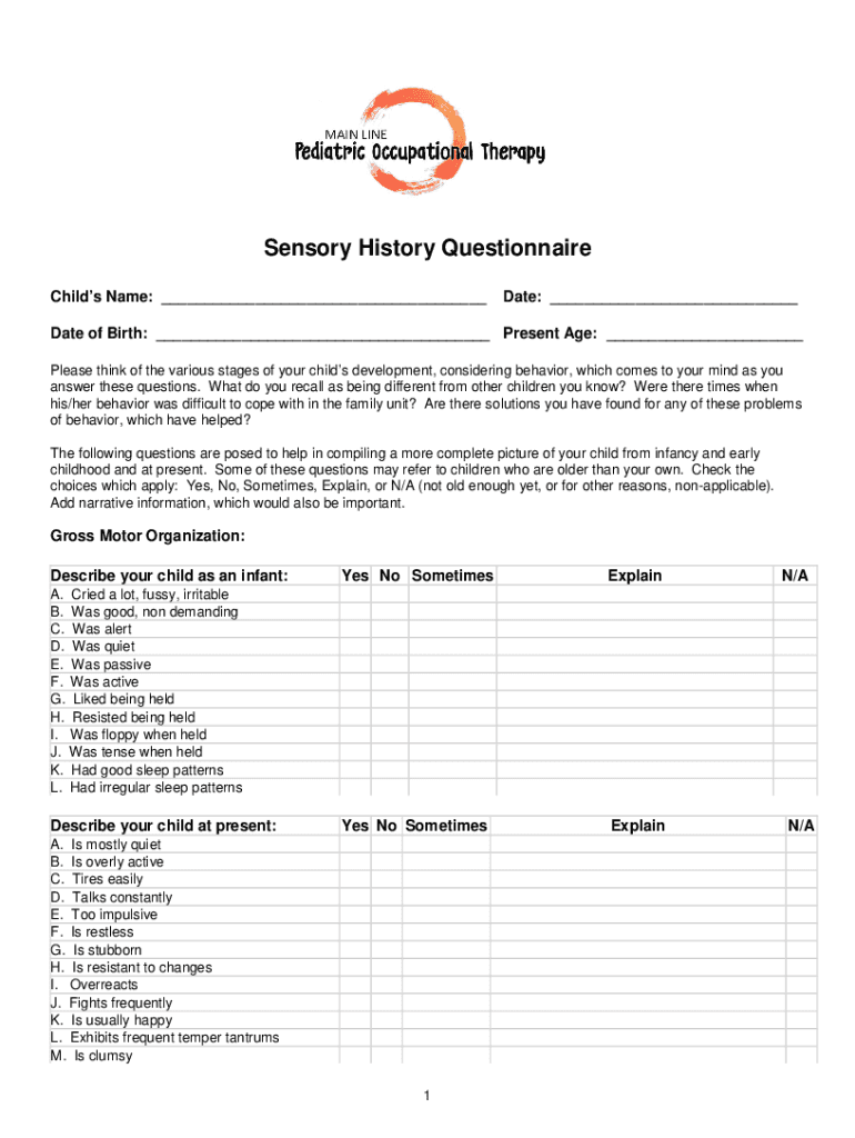 Fillable Online Sensory History Questionnaire Fax Email Print - pdfFiller
